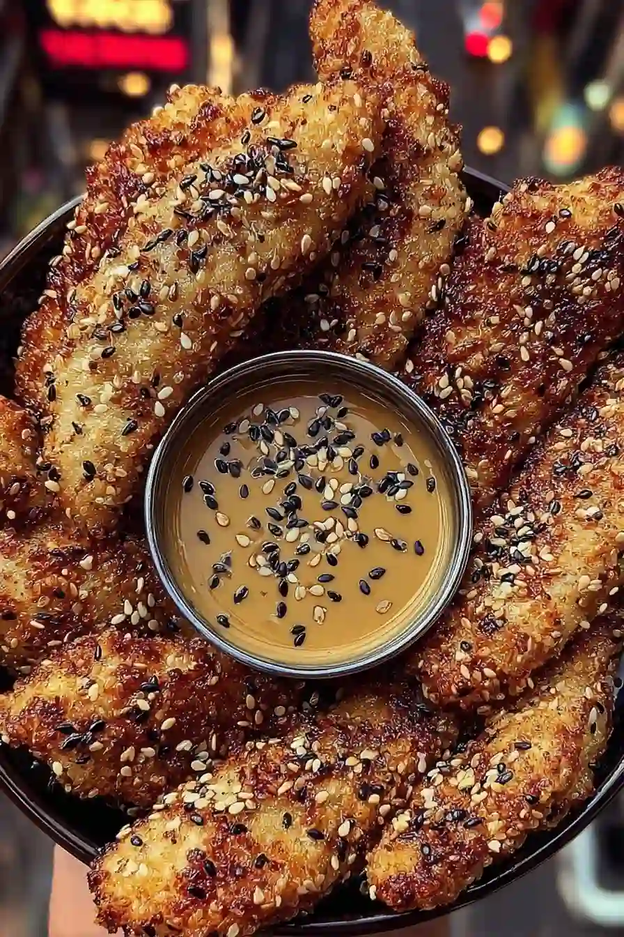 Crispy Sesame Chicken Strips with Honey Soy Dipping Sauce - aryarecipes.com