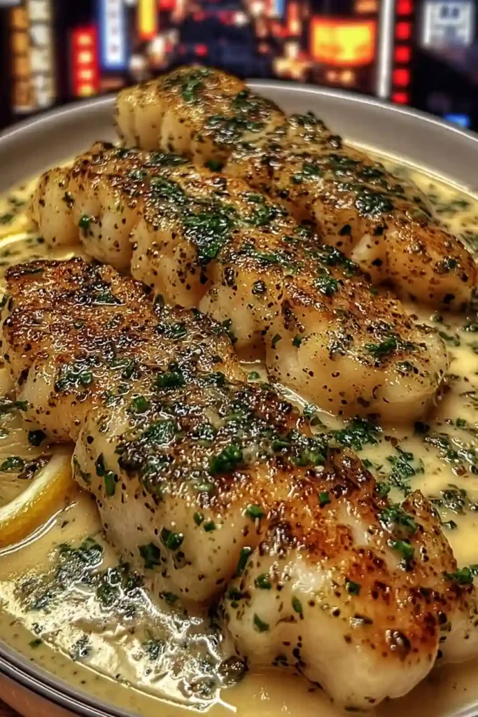 Garlic Herb Cod Strips with Creamy Lemon Sauce - aryarecipes.com