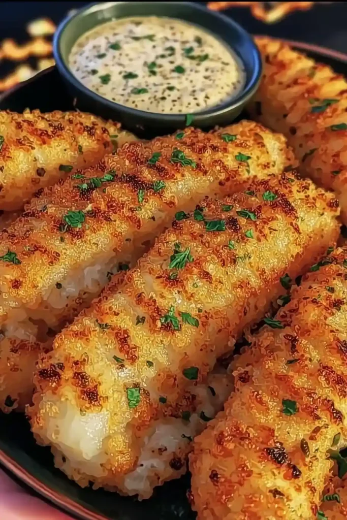Golden Parmesan Cod Strips with Roasted Garlic Dip - aryarecipes.com