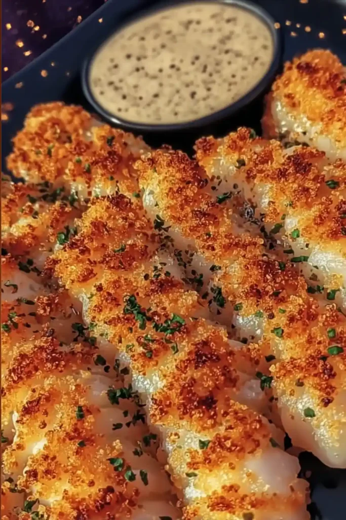 Golden Parmesan Cod Strips with Roasted Garlic Dip - aryarecipes.com