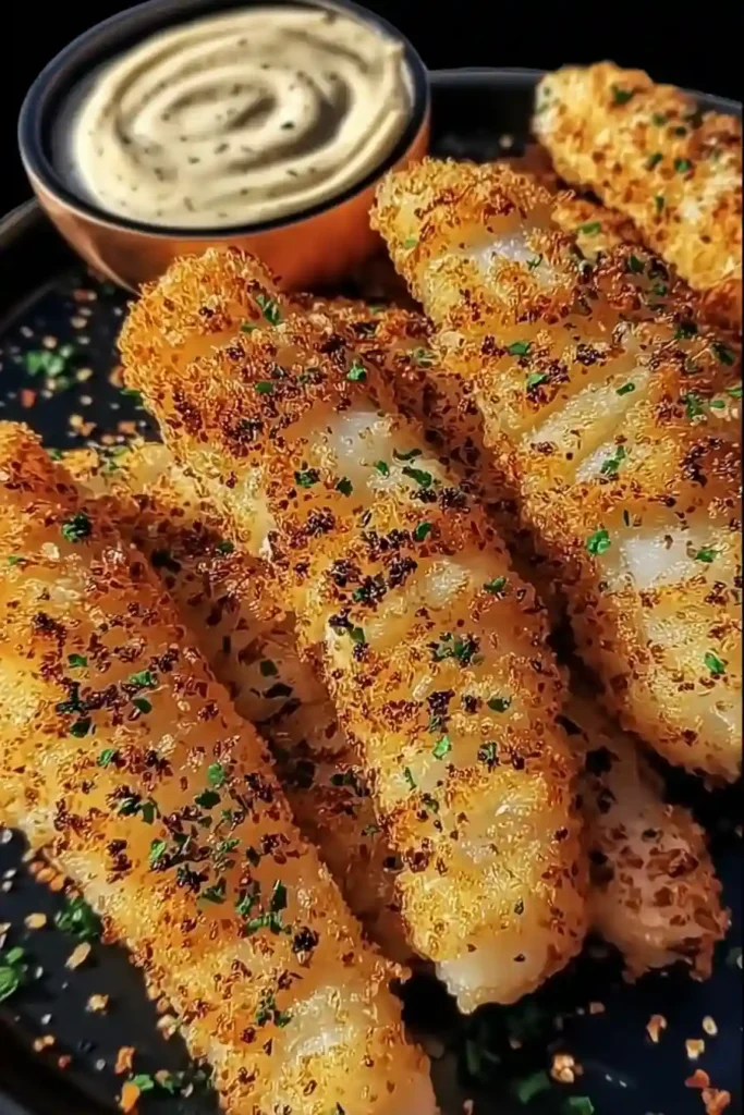 Golden Parmesan Cod Strips with Roasted Garlic Dip - aryarecipes.com