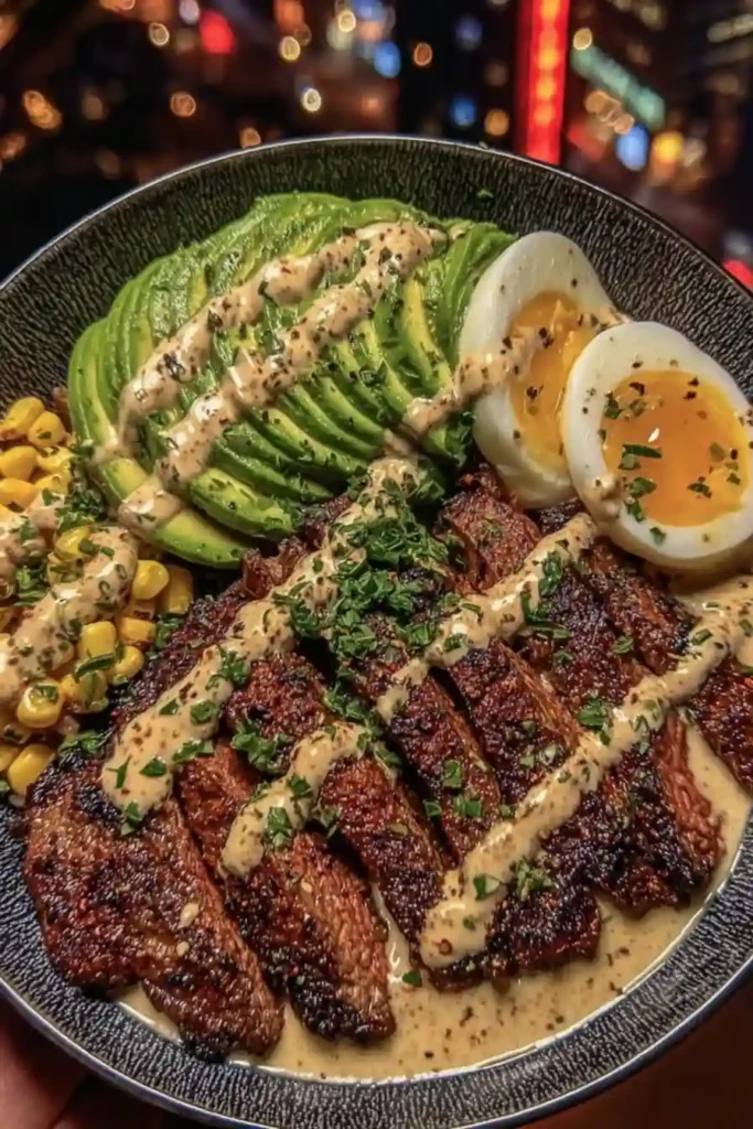 Grilled Steak Bowl with Avocado, Egg, Corn Salsa & Creamy Garlic Sauce ...